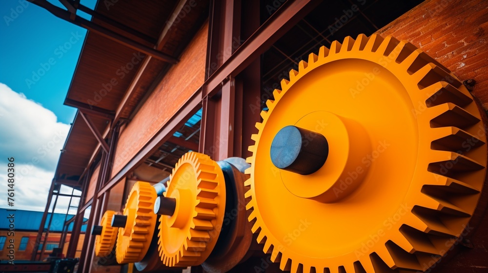 Massive gears and cogs inside an old mill, symbols of the industrial ...