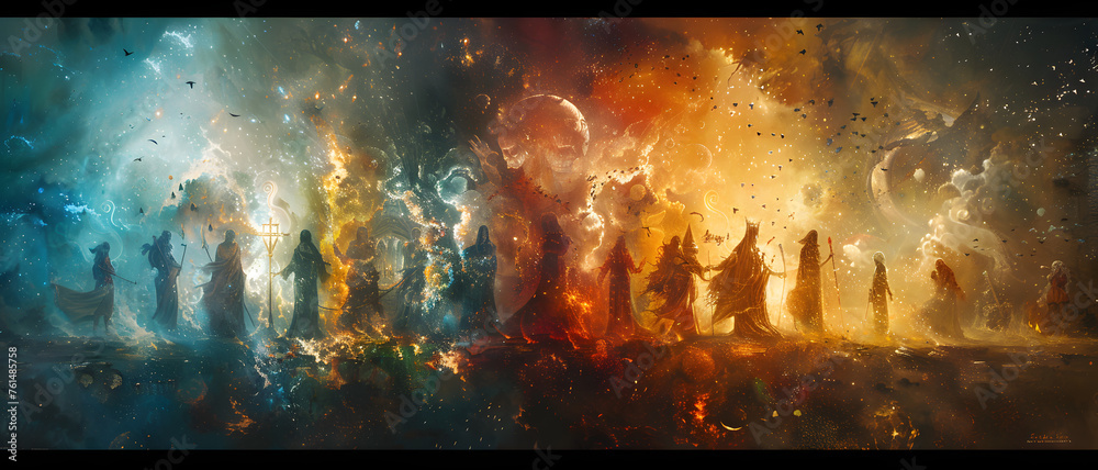 Immersive illustration featuring diverse cosmic entities gathering ...