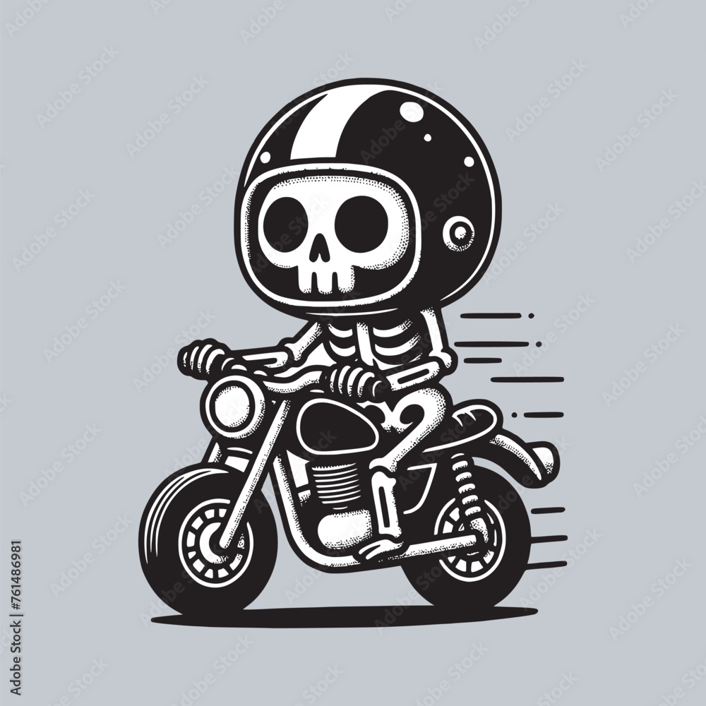 cartoon skeleton wearing helm riding retro motorcycles vector ...