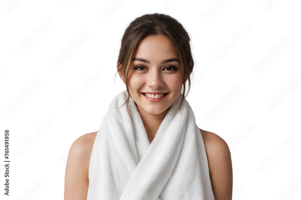 Beautiful young woman with a towel posing on a transparent background ...
