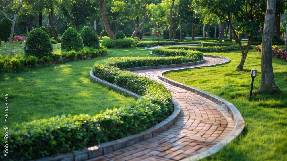 Decorative garden winding pathway walkway and a green lawn with ...