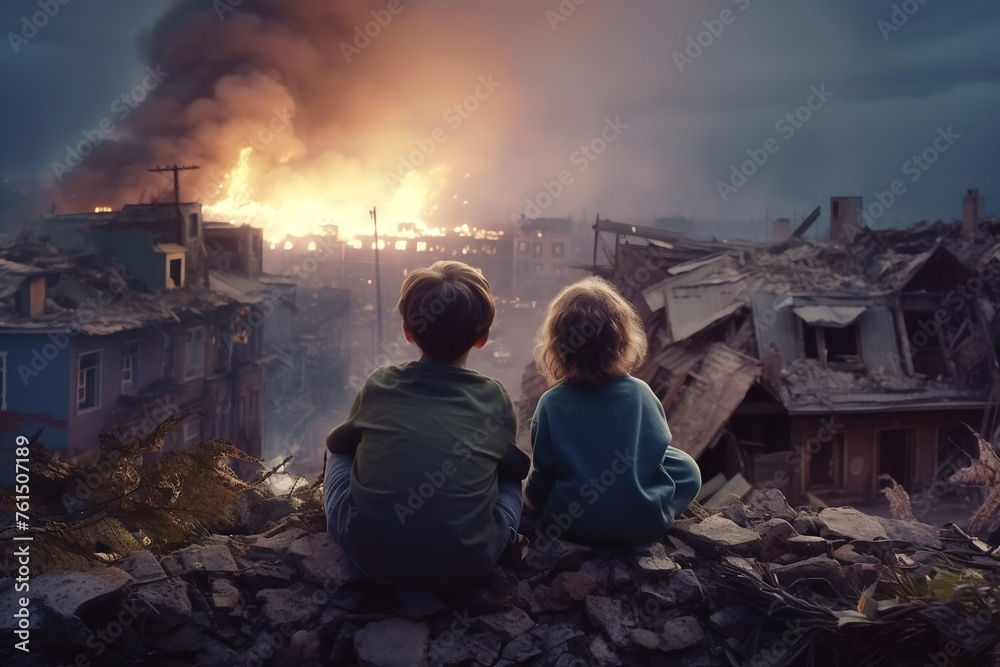 a couple child sits with his back and sees a city destroyed by war. a ...