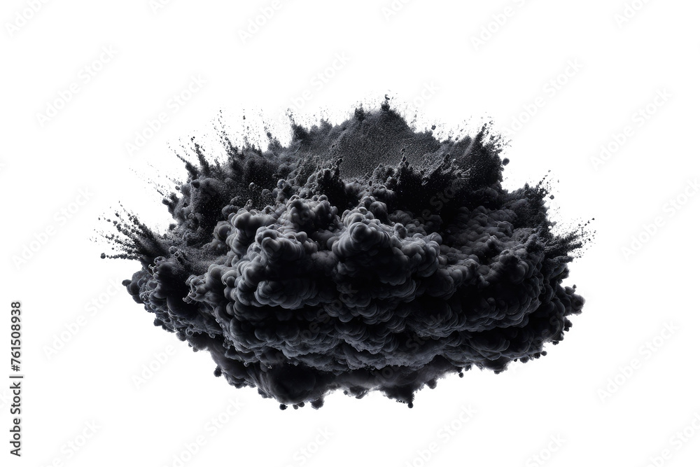 Powder floating, dark black, central focus, isolated against a stark ...