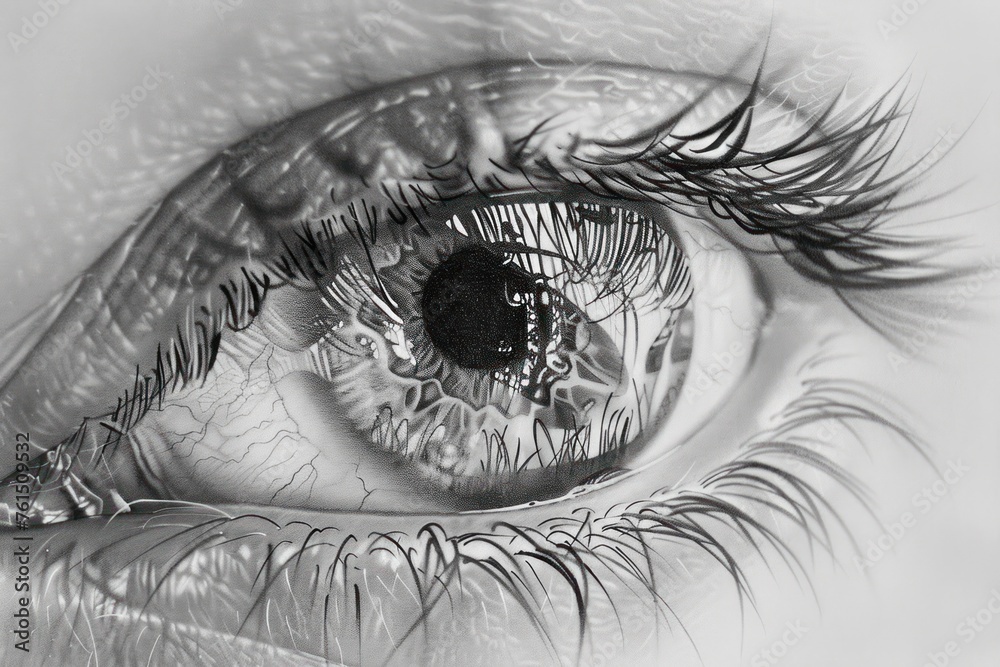 Pencil sketch of a close-up eye with a reflection of a dramatic scene ...