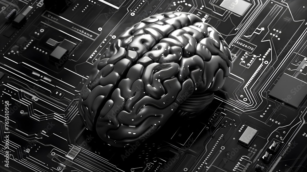 Ilustrace „Brain model on a circuit board backdrop - A striking concept ...