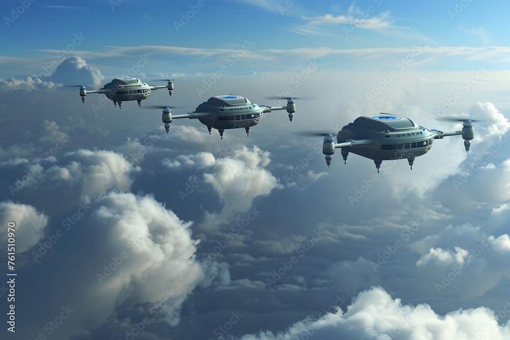 Flying drones above clouds concept render - An imaginative ...