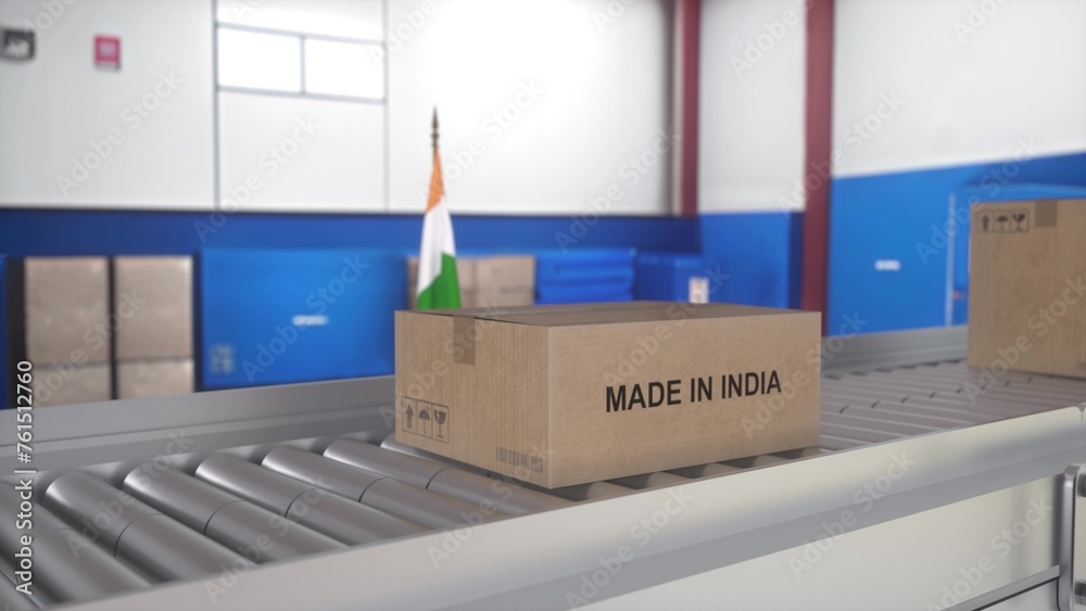Made in INDIA import and export concept. Cardboard boxes with product ...