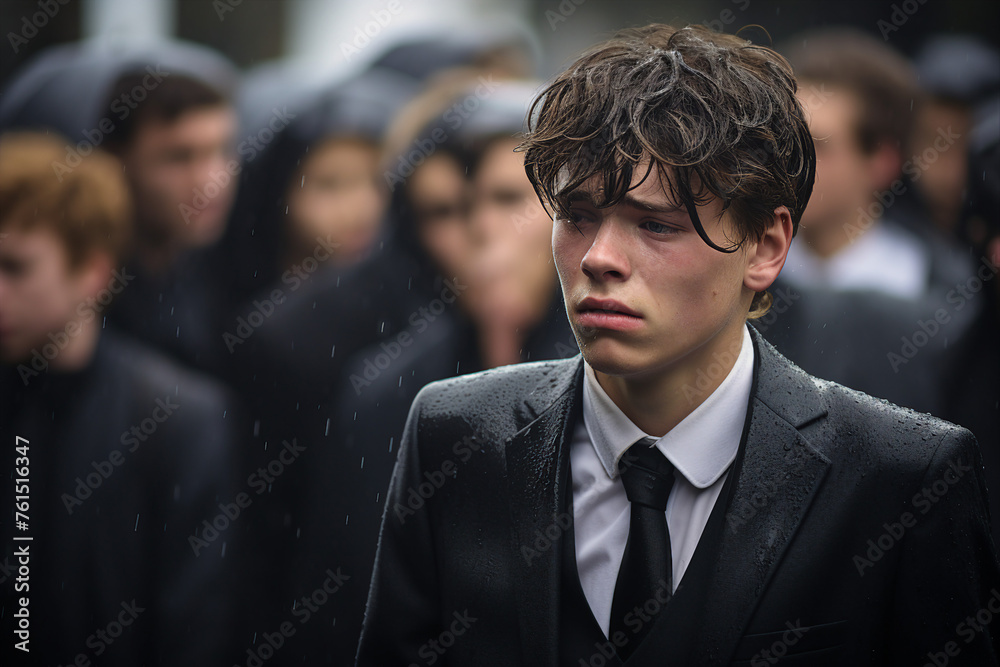 Generative ai picture of crying sad boy in a black suit on funeral ...