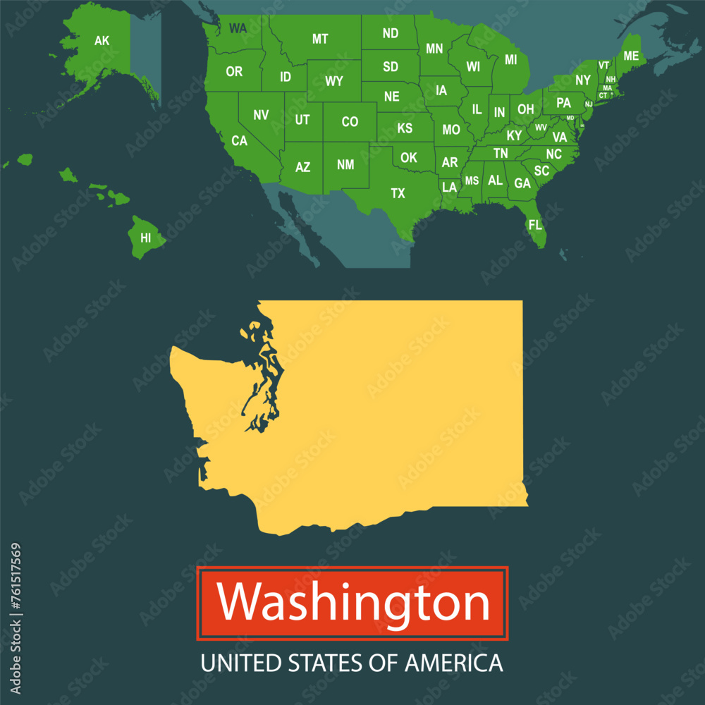United States of America, Washington state, map borders of the USA ...