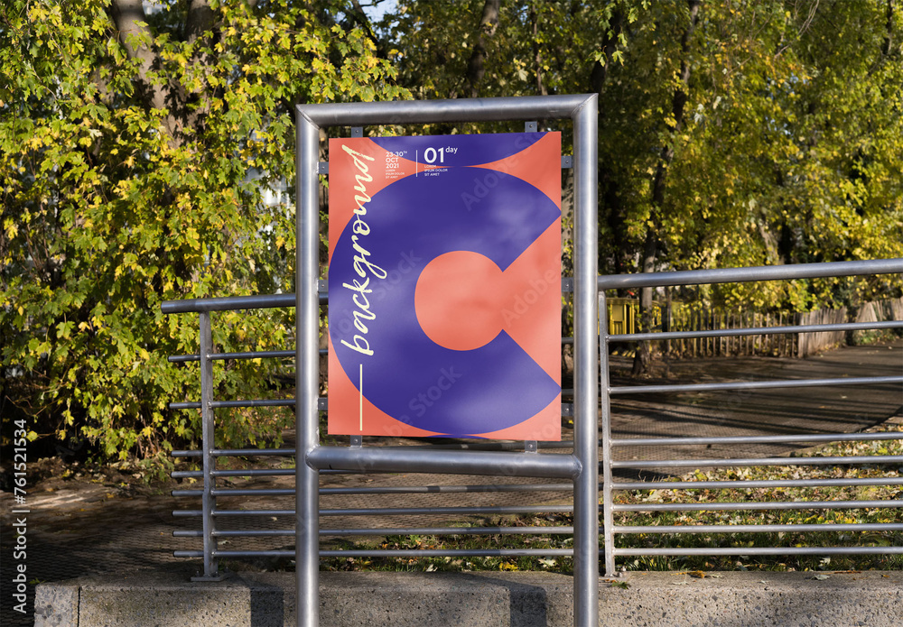 Mockup of customized vertical sign by railings Stock Template | Adobe Stock