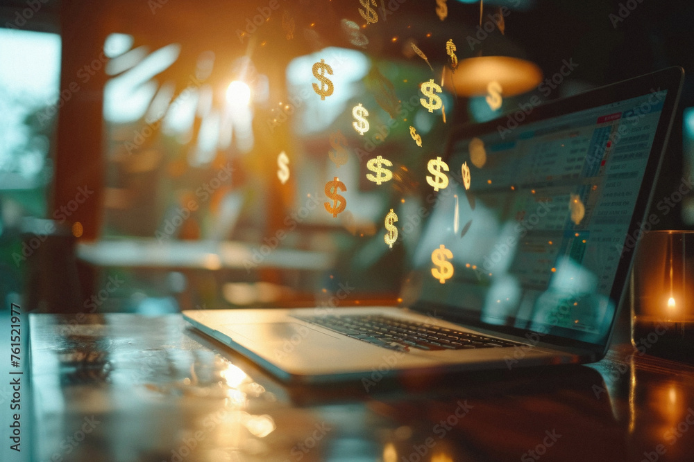 Digital financial business market charts on laptop screen background ...