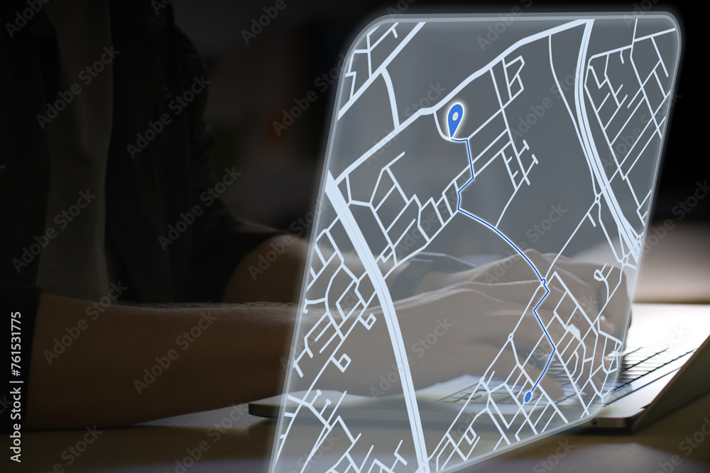 fictional software with with map and a navigation for a route between ...