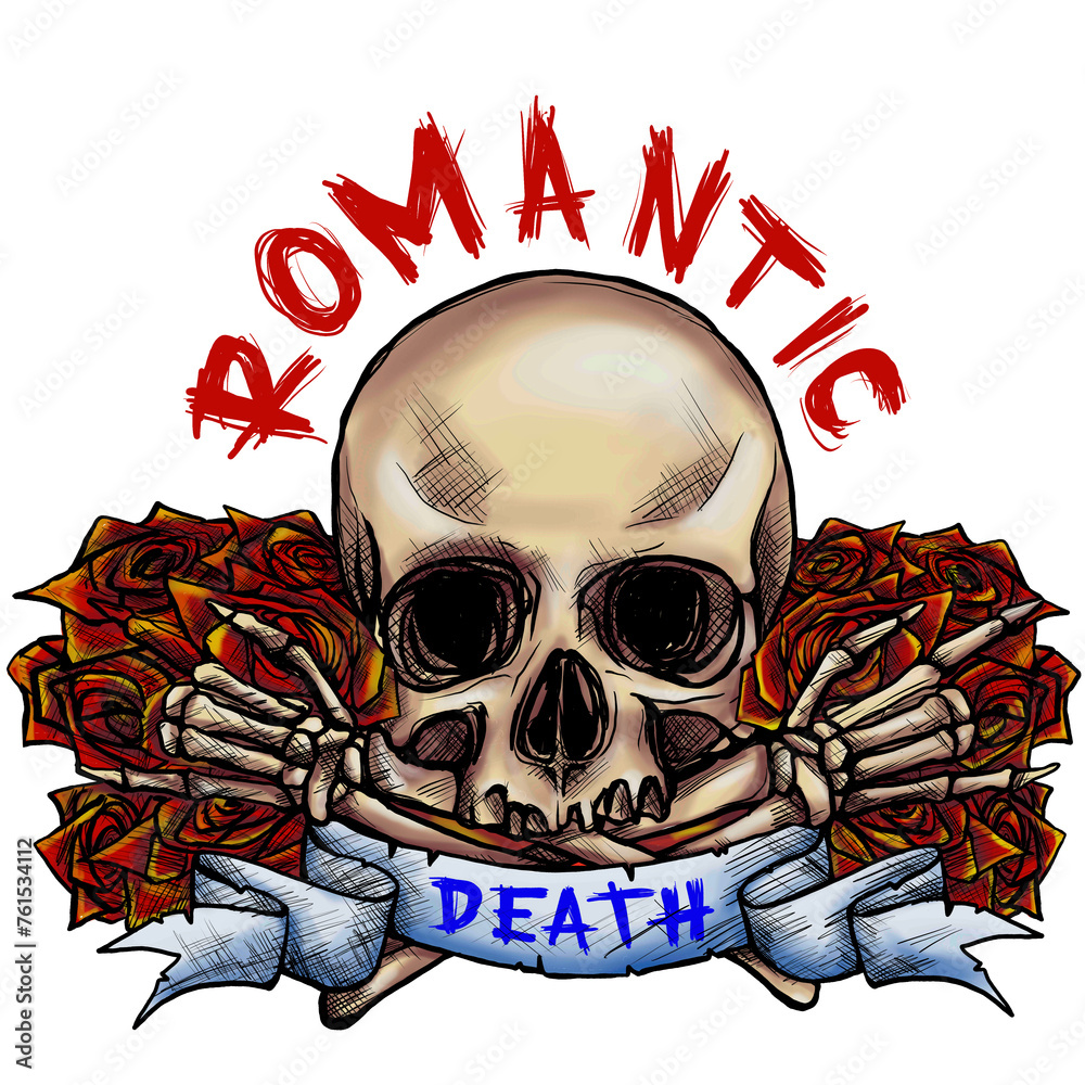skull head red roses romantic death metal hand sign logo digital ...
