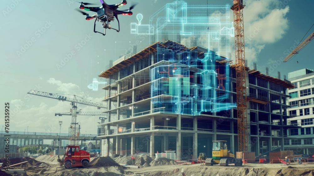 Ultra-realistic photo showing an AI-powered construction site where ...