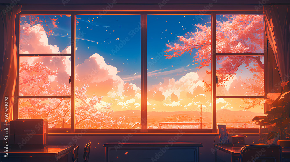 Japanese school glass windows and the tip of a shady tree, anime style ...