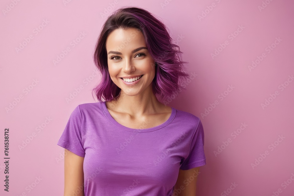 Charming woman in purple t-shirt, full body pose, smiling, isolated on ...