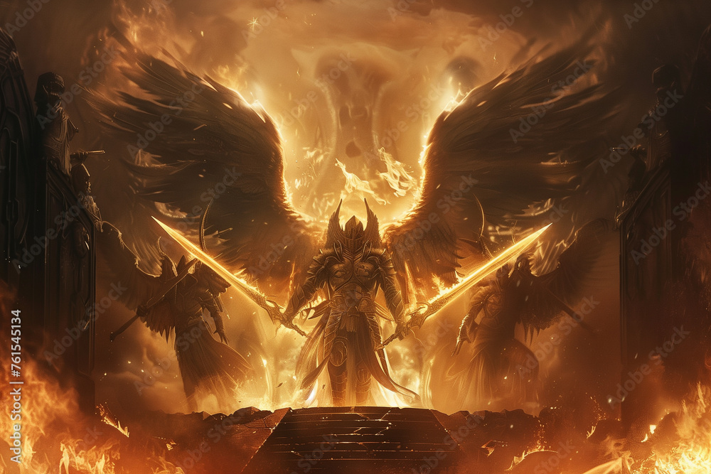 Archangels wielding flaming swords, standing guard at the gates of ...