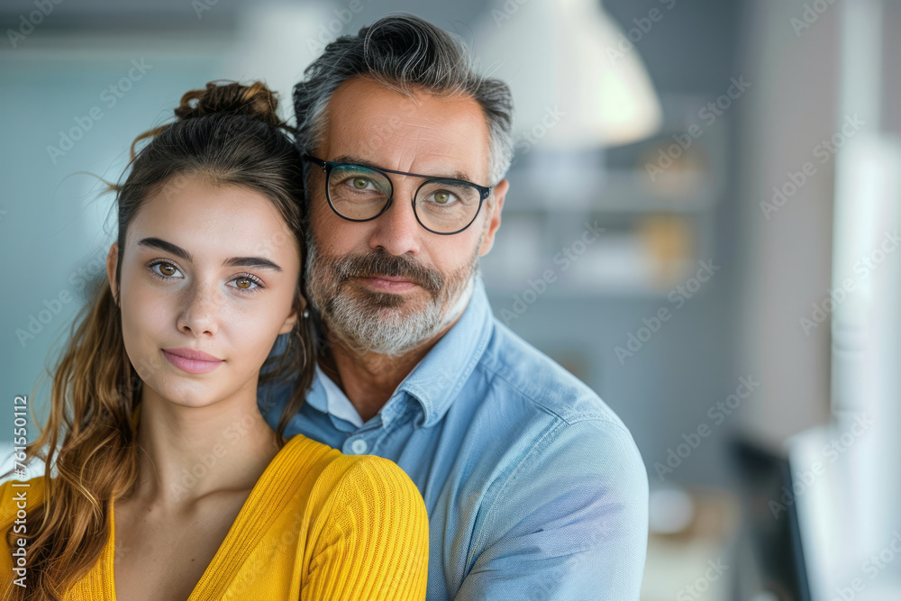 Concept of harassment. Male executive hugs female employee's in an ...