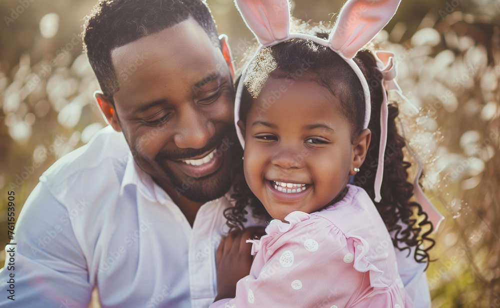 Portrait of dark colored dad and daughter, tender hug on easter day ...