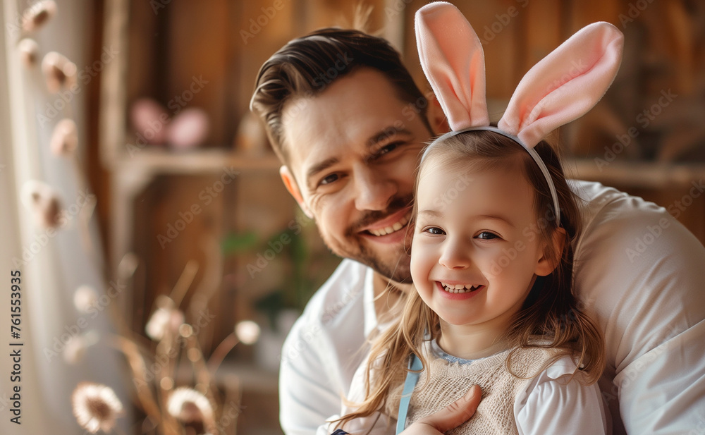 Portrait of father and daughter, tender embrace on Easter day. Girl ...