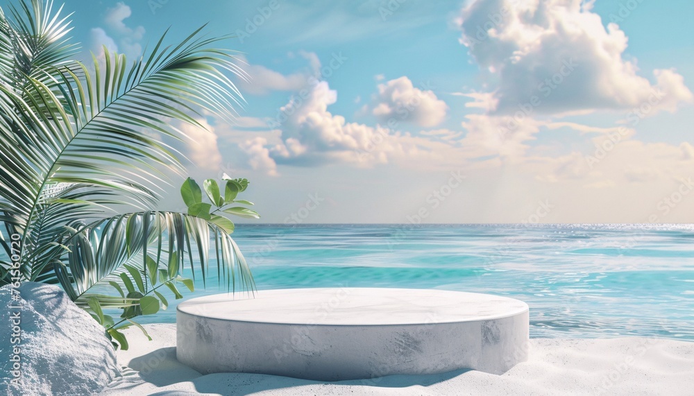 beach podium concept, Summer sand and tropical sea background with ...