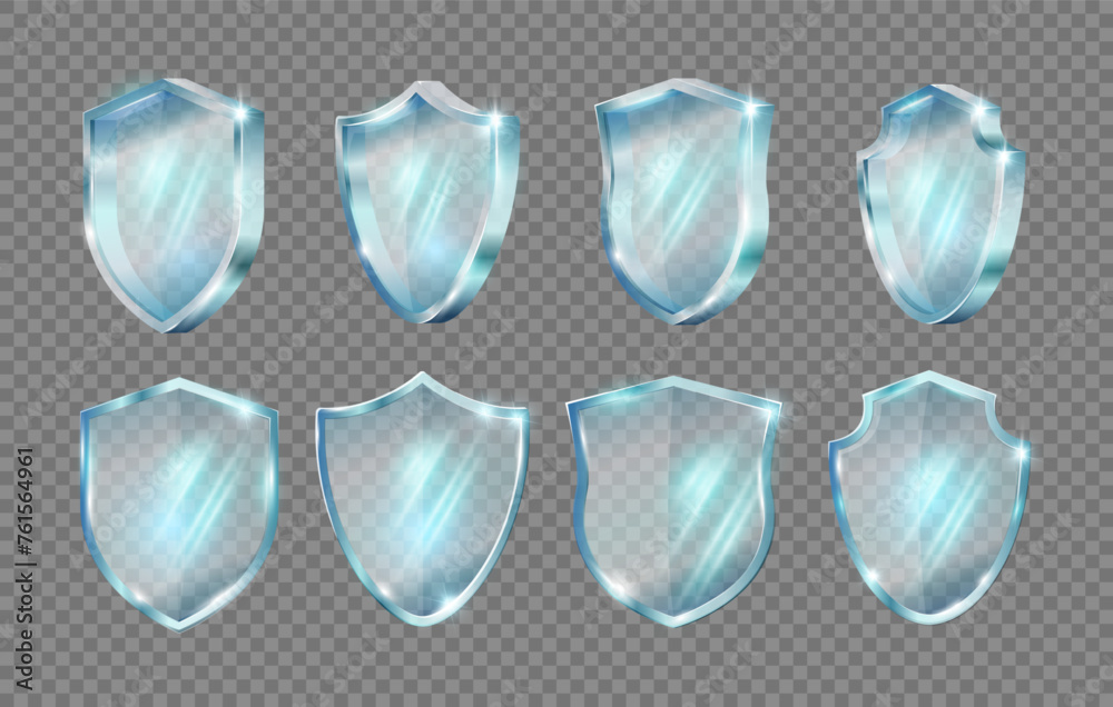 Realistic crystal or glass shields set with sparkle. Vector isolated ...