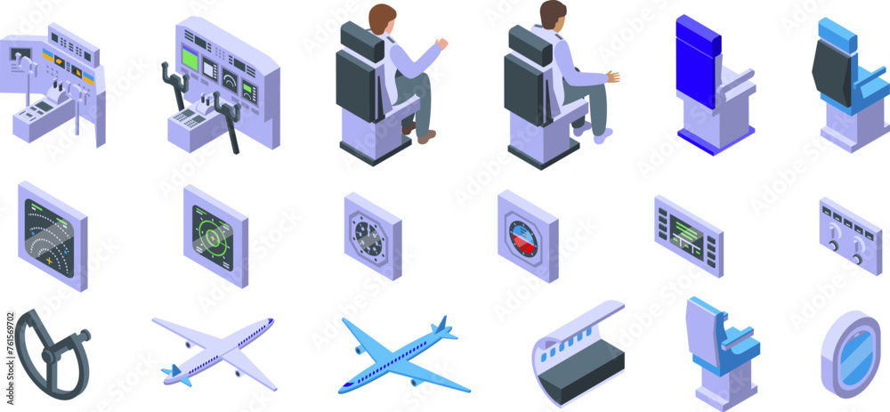 Airplane cockpit icons set isometric vector. Airplane dashboard. Panel ...