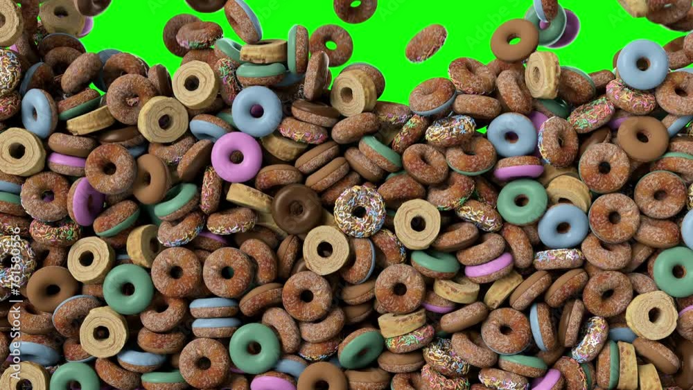 Donuts of different colors falling down green screen animation. Tasty ...