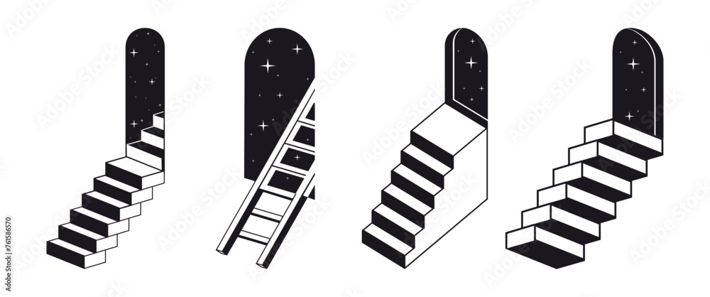 Abstract monochrome stairs. Geometric surreal ladders, minimal ladders ...