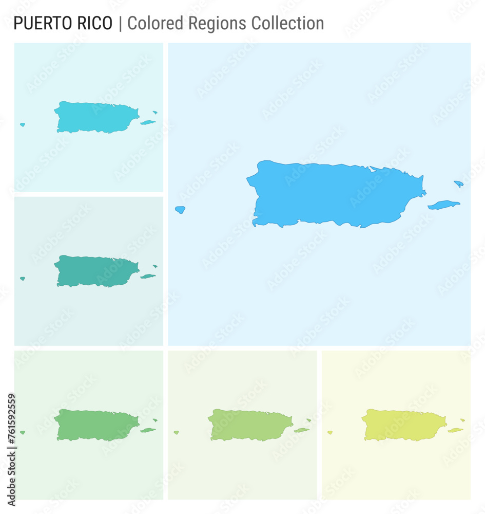 Puerto Rico map collection. Country shape with colored regions. Light Blue, Cyan, Teal, Green ...