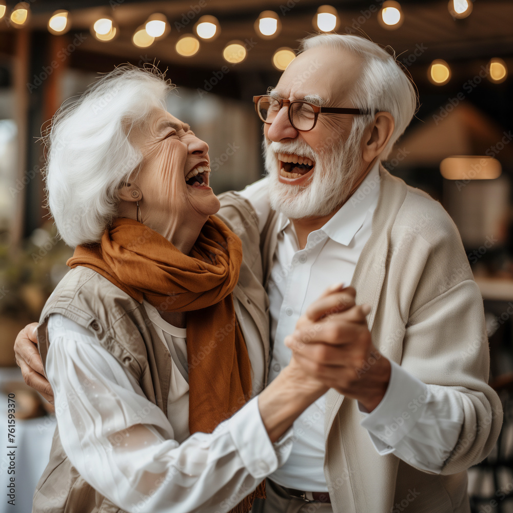Joyful elderly old couple have fun in dating outside in restaurant ...