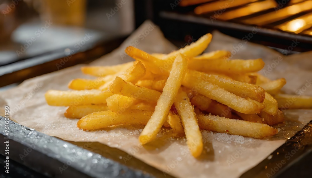 fried french fries lying on baking paper. Cooking frozen French fries ...