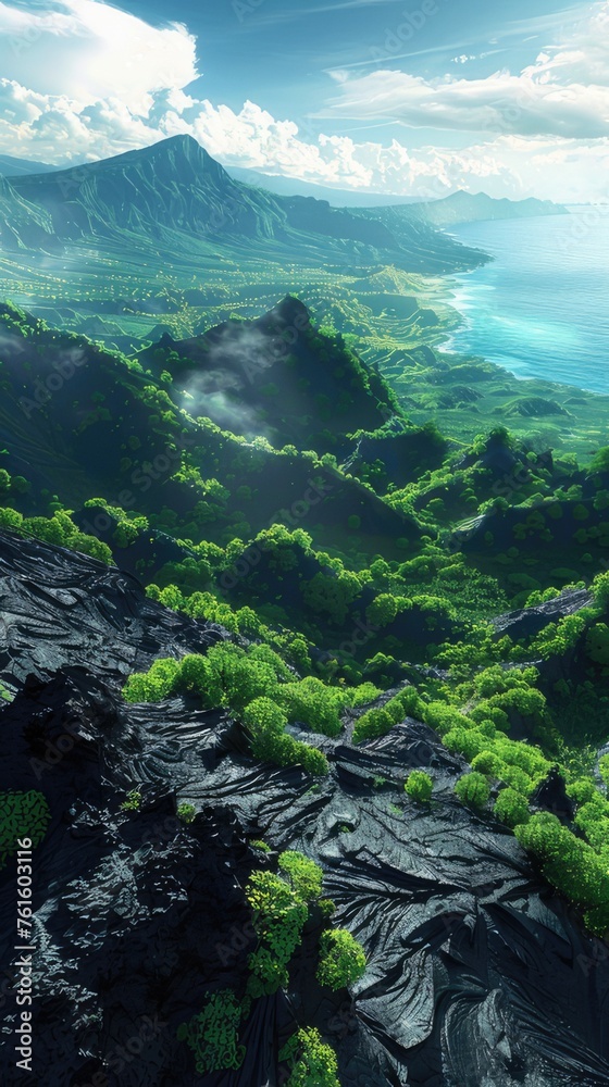 the black slopes of a volcano, juxtaposed against a lush jungle below ...