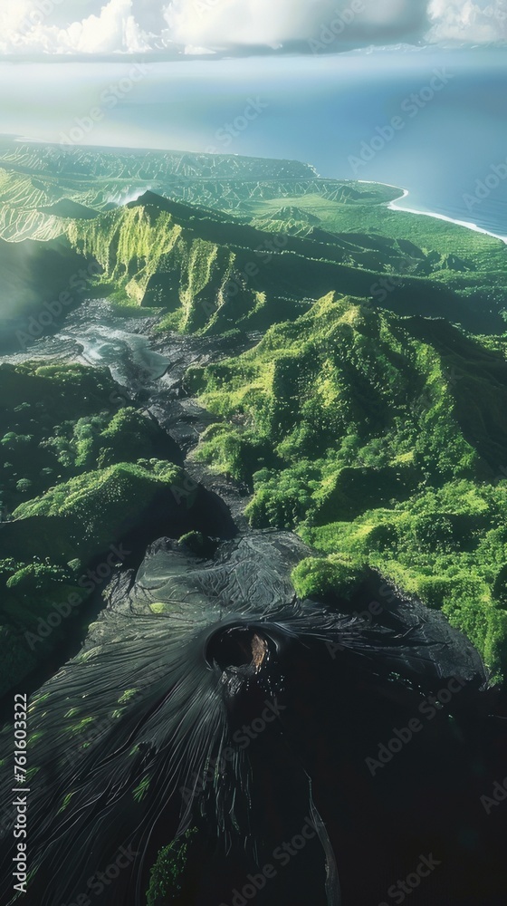 the black slopes of a volcano, juxtaposed against a lush jungle below ...
