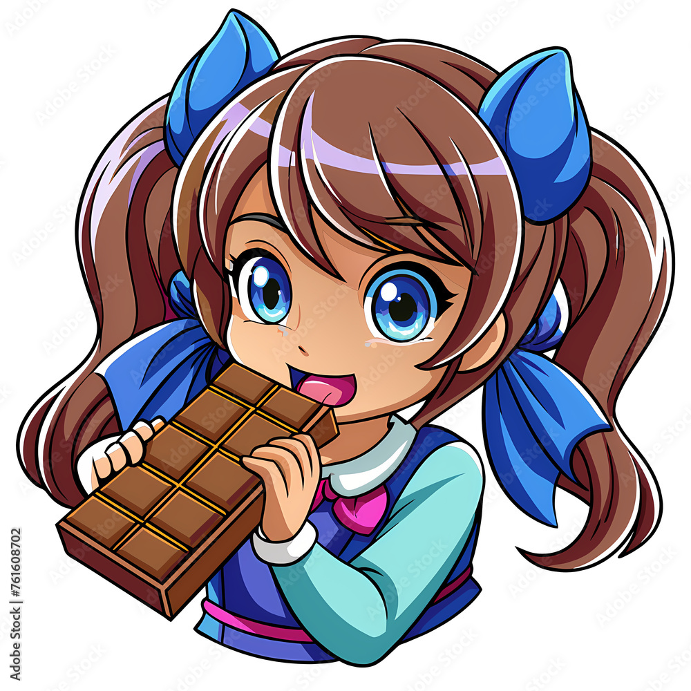 A cute little girl eating chocolate kawaii cartoon style, isolated ...