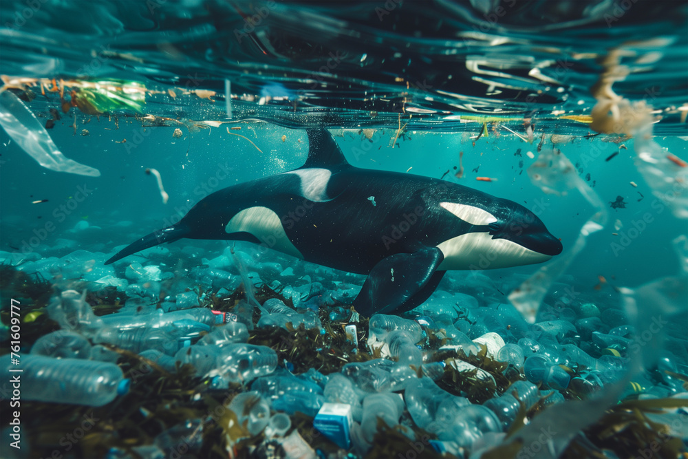 Orca swimming in a polluted sea, killer whale, pollution, plastic waste ...