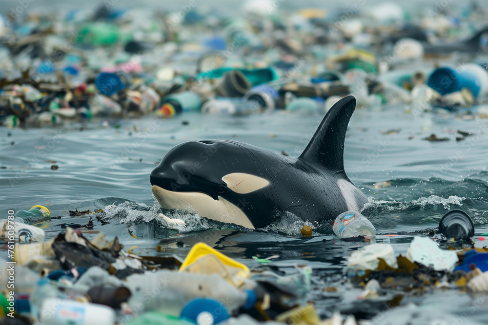 Orca swimming in a polluted sea, killer whale, pollution, plastic waste in the ocean ...