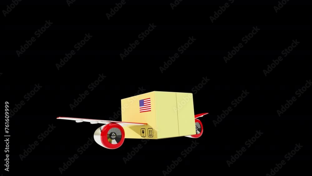 Cardboard box with airplane wings delivery USA flag Alpha background ...