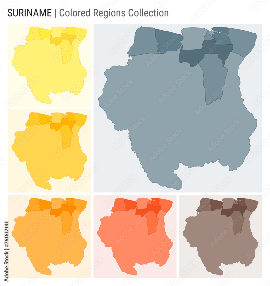 Suriname map collection. Country shape with colored regions. Blue Grey ...