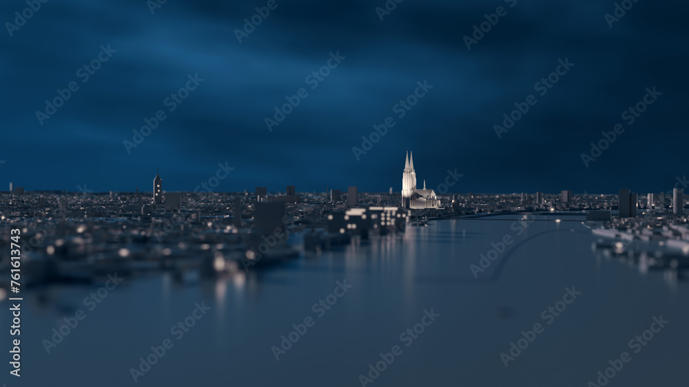 3D model of Cologne at night with the illuminated Cologne Cathedral and ...