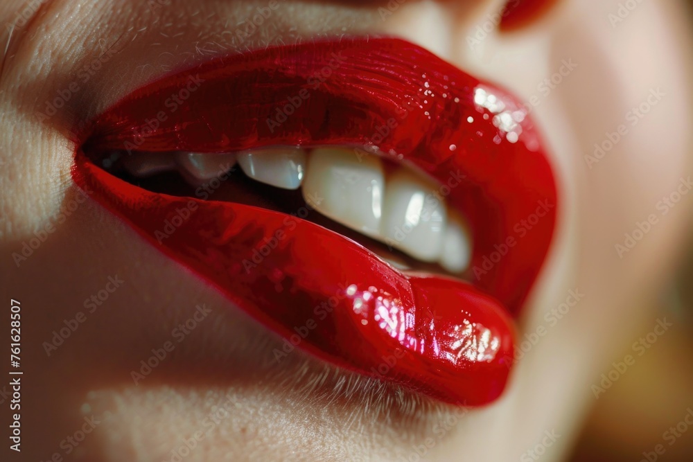 An extreme close-up of a mouth with red lipstick in a partially open ...
