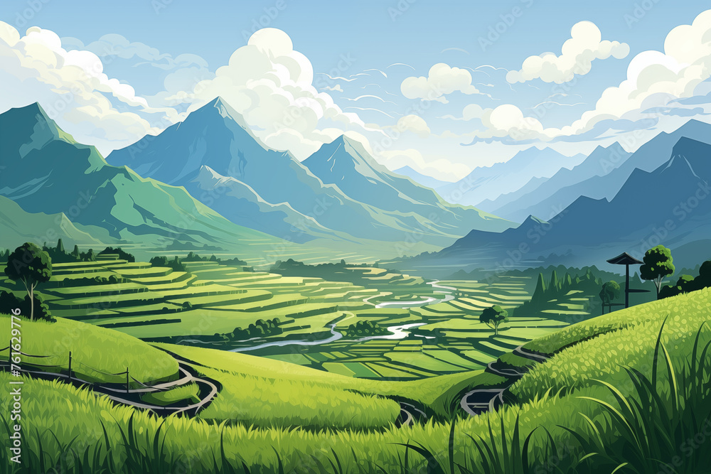 Cartoon asian rice field terraces. Paddy plantation, cascades farm in ...