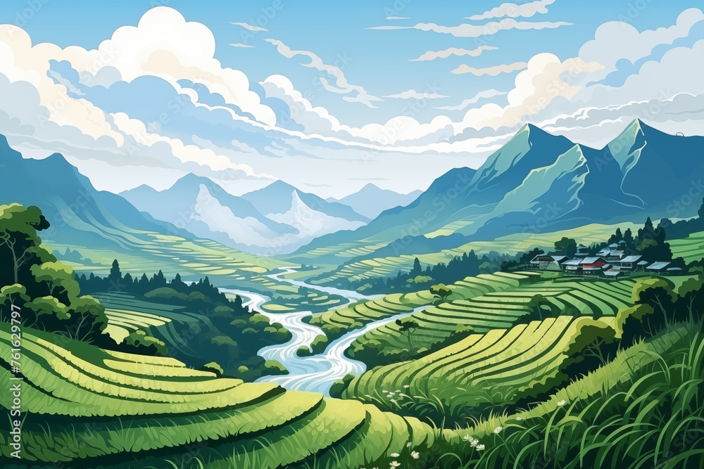 Cartoon asian rice field terraces. Flat paddy plantation, cascades farm ...