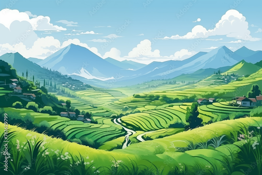 Cartoon asian rice field terraces. Paddy plantation, cascades farm in ...