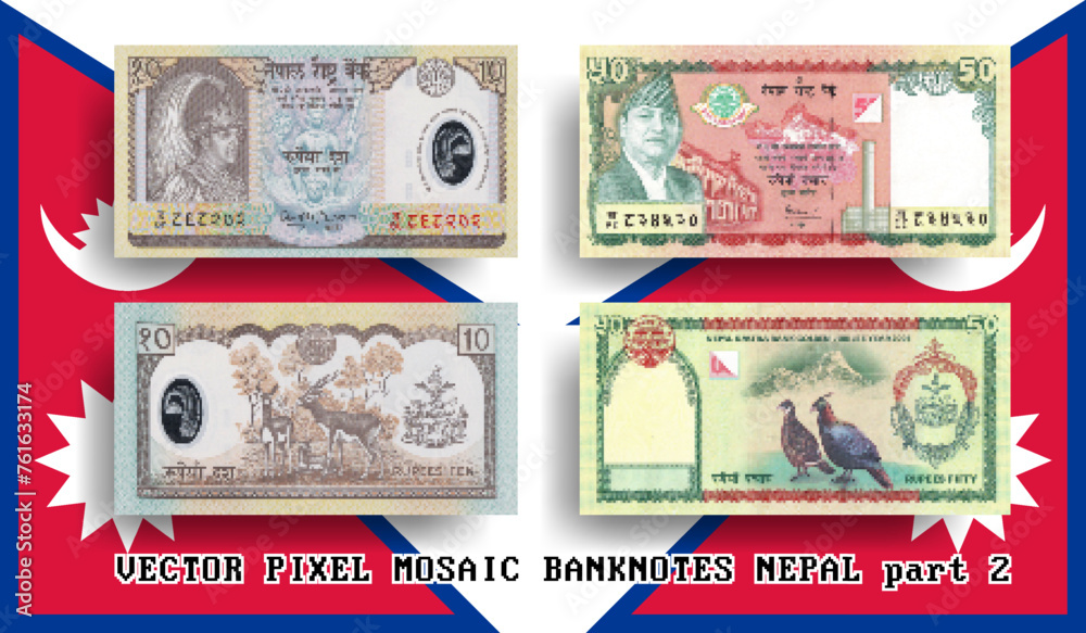 Vector set of pixel mosaic banknotes of Nepal. Collection of notes in ...