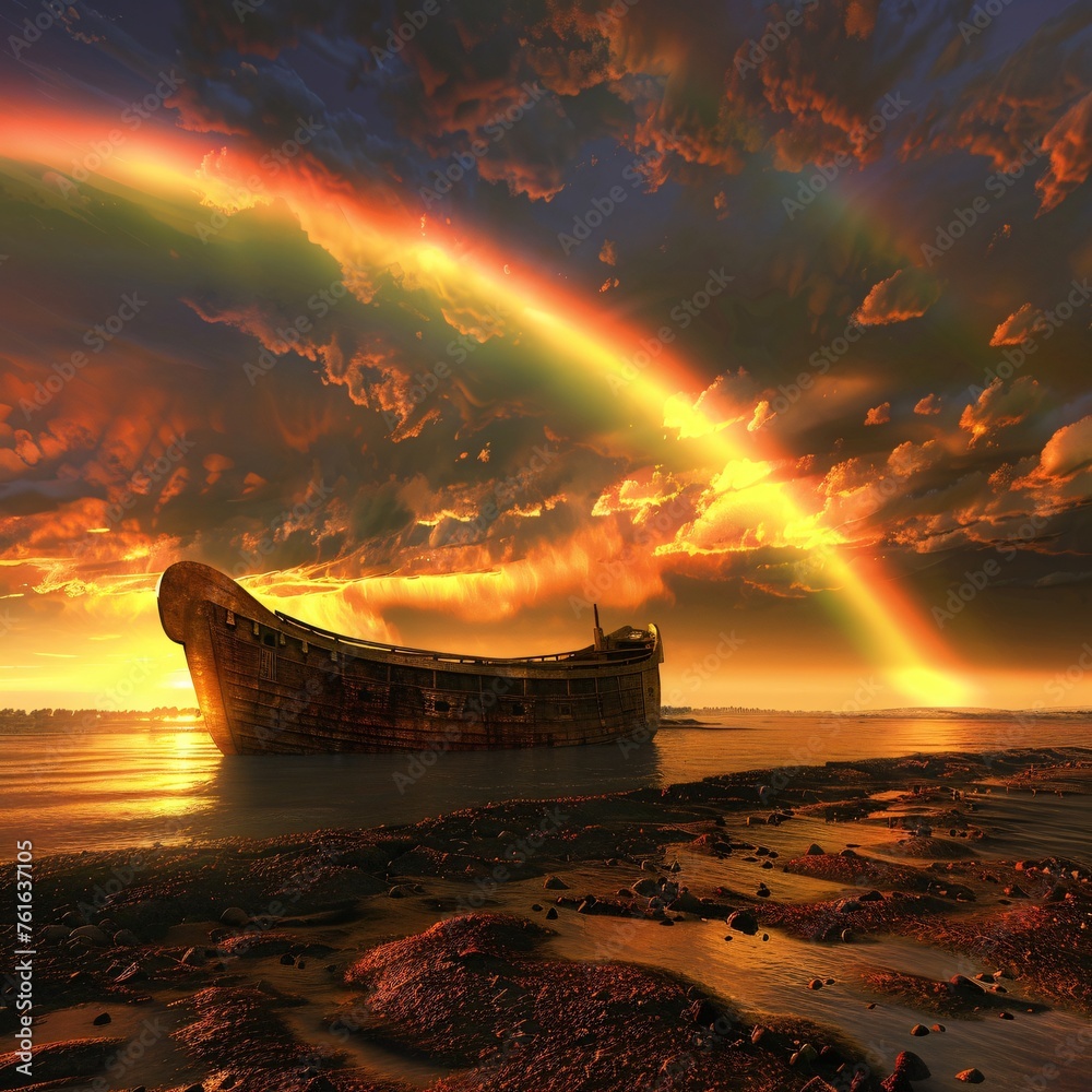 Vibrant rainbow arching gracefully over Noahs Ark after the deluge a ...