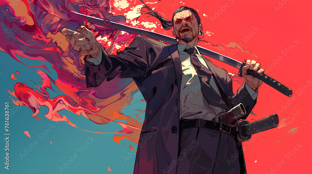 Yakuza x gangster angry expression,holding katana Stock Illustration ...