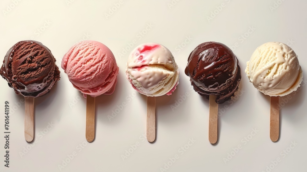 Assorted ice cream scoops in a row showcasing different flavors and ...