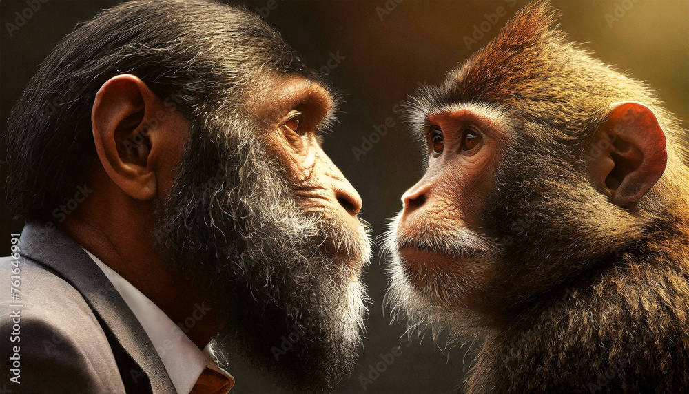Face to face between a monkey and a man. Close-up of a man with a beard ...