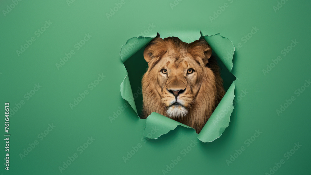 A formidable lion appears to burst through a shredded green paper ...